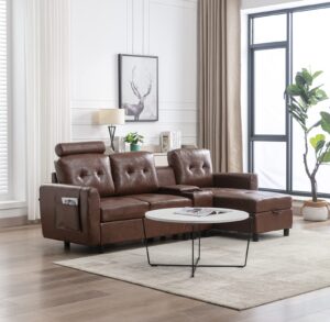 kinffict modern pu leather sectional sofa with chaise, comfy 3 seat sectional couch with storage, cup holders, and comfy headrest, l shaped couch furniture set for living room, brown