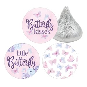 butterfly girl baby shower party favor stickers, a little butterfly is on her way - it's a girl pink and purple chocolate kisses candy labels - 180 count