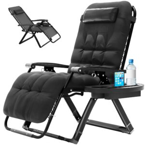 elevens oversized zero gravity chair, 28in reclining patio lounge chair with removable cushion & tray, adjustable headrest, support 450 lbs, black