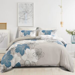 3 pieces duvet cover set king blue floral pattern comforter cover elegant bohemian floral duvet cover with 2 pillow cases soft lightweight bedding duvet cover set for adults (blue, 90"x 104")