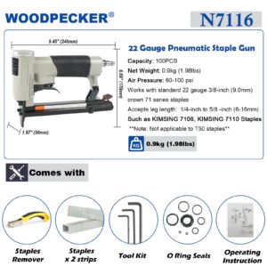 WOODPECKER N7116 Upholstery Stapler 22 Gauge 3/8-Inch Crown Pneumatic Upholstery Staple Gun 71 Series Air Power Fine Wire Stapler Gun