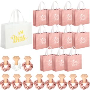 sweetude 24 pcs bridesmaid gift bags including 12 pcs i do crew bachelorette bags, 12 pcs silk bridesmaid scrunchies bridal party gifts reusable bridesmaid gifts for wedding bridal (white, champagne)