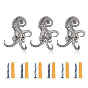 aliwiner silver octopus metal hooks hanging wall mounted decorative hook,towel hooks decorative octopus hook ocean theme wall decor 2pcs