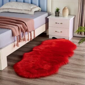 yefound faux fur rug, fluffy shaggy area rug ultra soft 2 x 4 feet sheepskin fur rug, red fuzzy rug red shag rug, home decor throw rugs for bedroom, living room