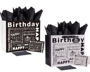 jwscysy 2pcs white and black large gift bags with tissue paper, happy bithday gift bag for men women birthday - 12.6" x 10.25" x 4.7".