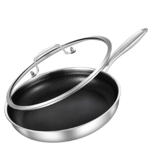 inqibee 12-inch hybrid tri-ply stainless steel sauté pan,non-stick frying pan with lid,skillet,induction chef's pan,heavy duty and oven safe,detachable handle.