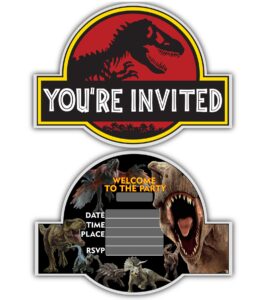 kinyeye dinosaur party invitation cards for kids birthday party, 20pcs dinosaurs world birthday party invitations with envelopes, 2-sided 4×6 inches