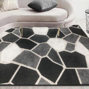 Geometric Design Rustic Stone 2' X 3' Area Rug Velvet Living Room Bedroom Entryway Carpet, Black/Grey