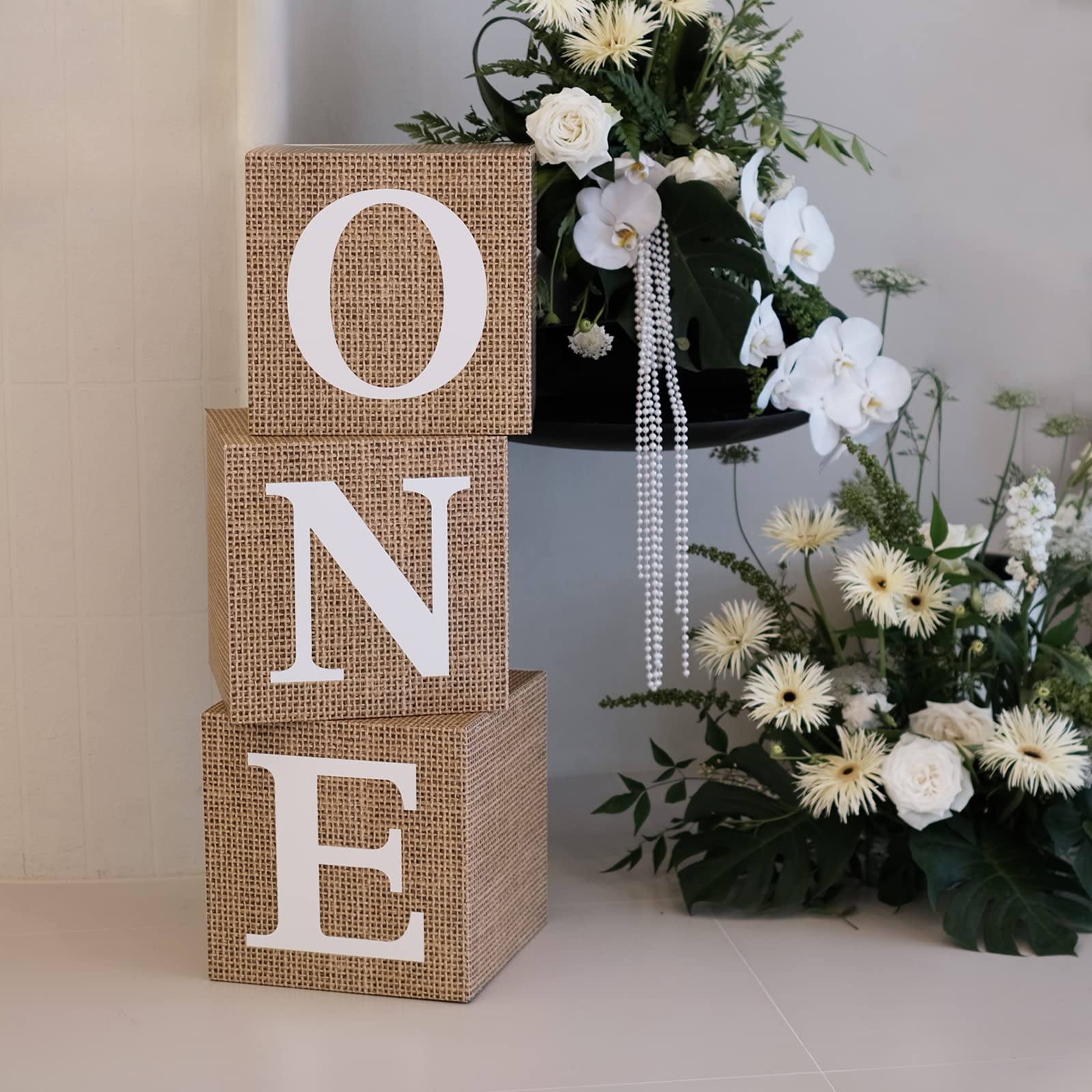 Burlap Print ONE Boxes for 1st Birthday Decorations Boho First Birthday Decorations Gender Neutral 3 Pcs ONE Balloon Box