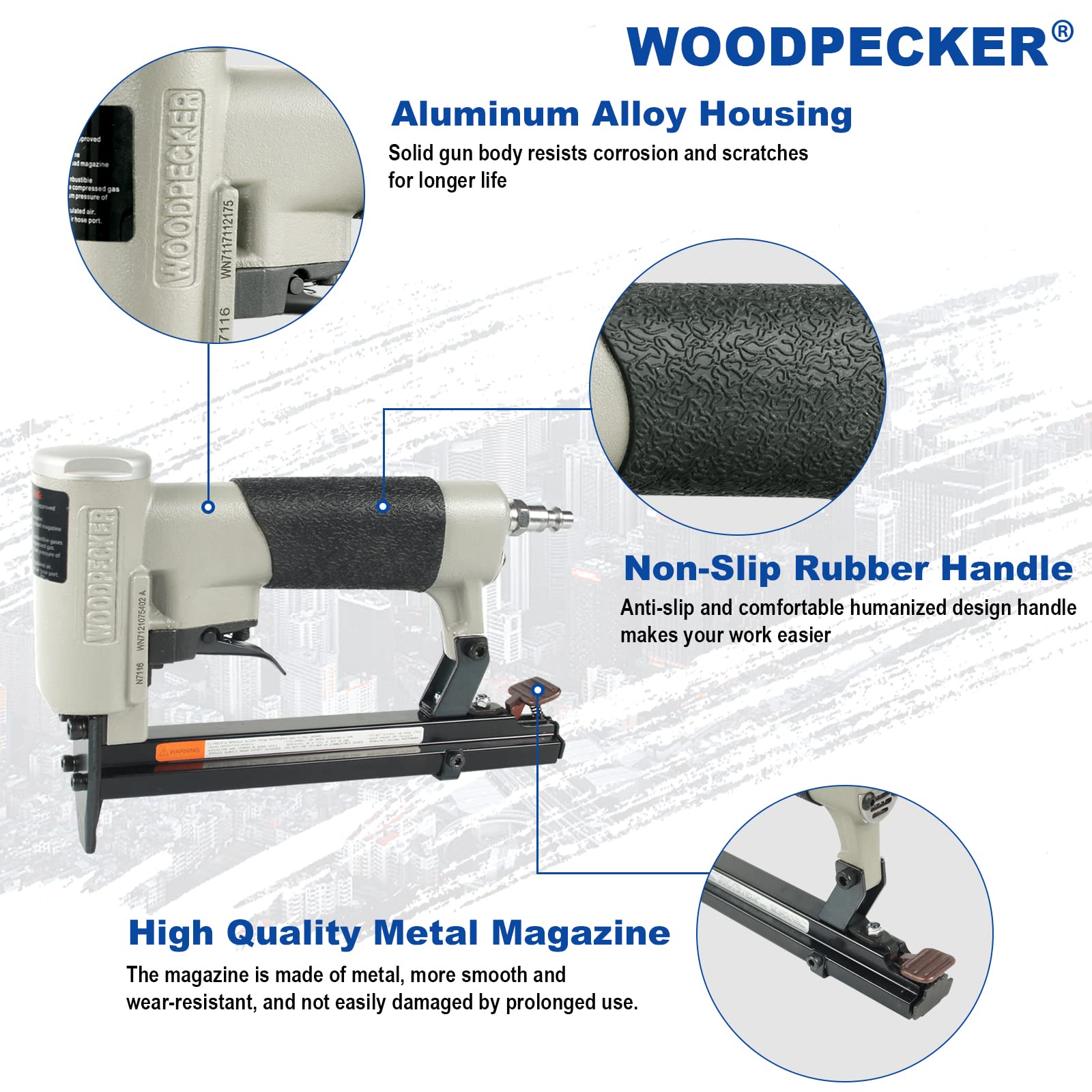 WOODPECKER N7116 Upholstery Stapler 22 Gauge 3/8-Inch Crown Pneumatic Upholstery Staple Gun 71 Series Air Power Fine Wire Stapler Gun