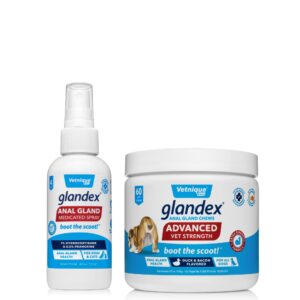 glandex anal gland medicated spray for dogs & cats (4oz) and advanced vet-strength chews 60 ct bundle, dog deodorizing spray & anti-itch spray for dogs, anal gland supplement for dogs with extra fiber