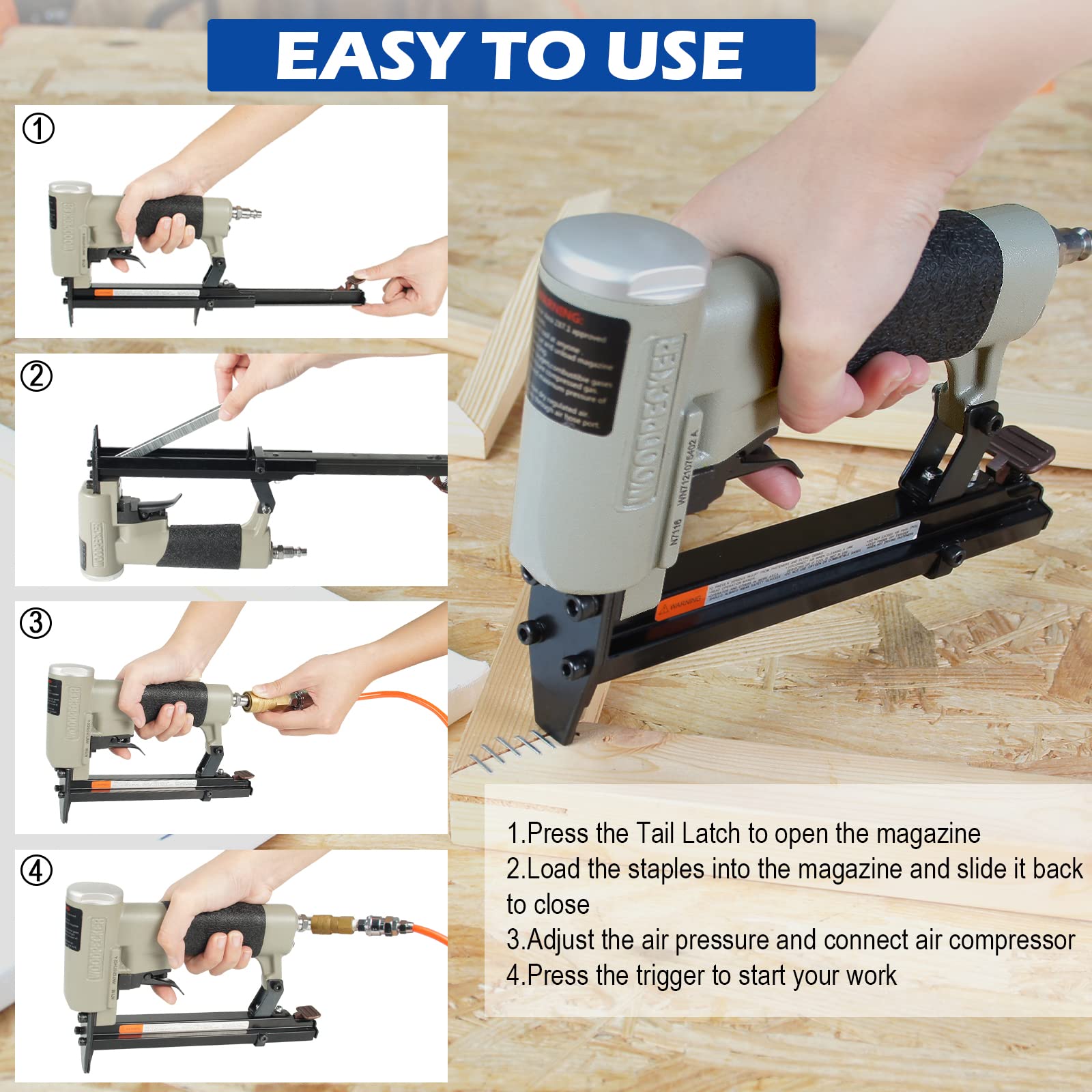 WOODPECKER N7116 Upholstery Stapler 22 Gauge 3/8-Inch Crown Pneumatic Upholstery Staple Gun 71 Series Air Power Fine Wire Stapler Gun