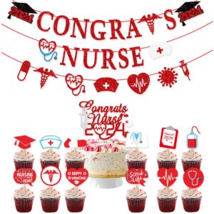 nurse graduation party decoration,2024 glitter red nurses' day congrats nurse banner nurses & doctors theme garland cake cupcake toppers for nurses week nurses day rn graduation party supplies