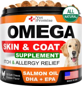 omega 3 for dogs - dog skin and coat supplement - fish oil for dogs chews - allergy and dog itch relief - dog anti shedding supplement - dog dry skin treatment - salmon oil - made in usa - 120 treats