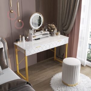 WESTREE Modern Makeup Vanity Desk with Glossy Desktop,Bedroom Home Office Writing Desk with Drawers, Storage Shelf, Gold Metal Frame for Dressing Table Without Mirror