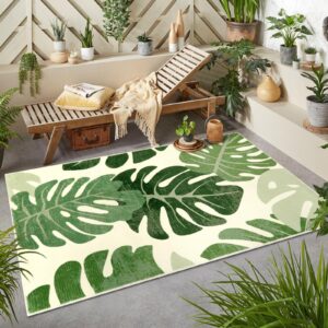 lukinbox leaf area rugs for living room, 3x5 green washable throw rugs tropical monstera plant non-slip high traffic bedroom rugs indoor outdoor carpet for porch dinning room entryway kitchen