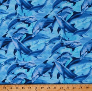 cotton dolphins animals aquatic water ocean creatures sea blue cotton fabric print by the yard (michael-cd1075-blue)