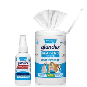 glandex anal gland medicated spray for dogs & cats (4oz) and glandex anal gland hygienic pet wipes 75 ct bundle, dog deodorizing spray & anti-itch spray for dogs, dog cleaning wipes with fresh scent