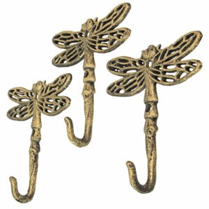 zeckos set of 3 cast iron dragonfly wall hooks - antique gold finish, easy install - nature-inspired decorative hooks for a whimsical touch in your decor space