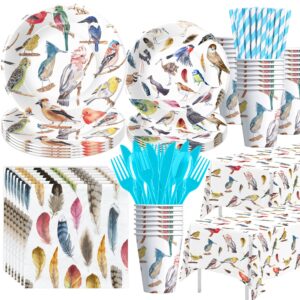 xigejob bird party decorations tableware, bird birthday party supplies, plate, cup, napkin, tablecloth, cutlery, colorful bird bridal baby shower birthday wedding summer tea party dinnerware, serve 24