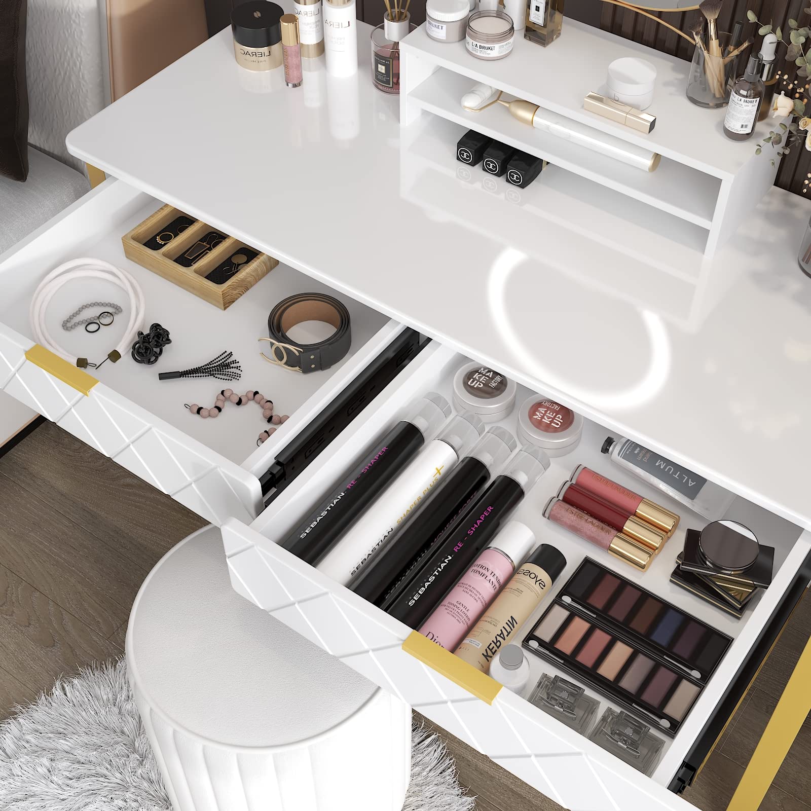 WESTREE Modern Makeup Vanity Desk with Glossy Desktop,Bedroom Home Office Writing Desk with Drawers, Storage Shelf, Gold Metal Frame for Dressing Table Without Mirror