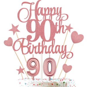 90th birthday cake decorations set include 90th birthday candles numeral 90 cake candles and happy 90th birthday cake toppers with heart star cupcake picks for birthday party (rose gold series)