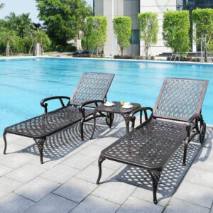 villeston chaise lounges for outside - lounge chairs outdoor set of 3 pool tanning chair adjustable patio recliner with end table cast aluminum for beach yard, antique bronze