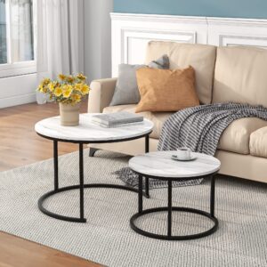 hojinlinero nesting round coffee table set of 2 end tables for living room,circular and marble coffee table wooden accent furniture with metal frame,stacking side tables,black