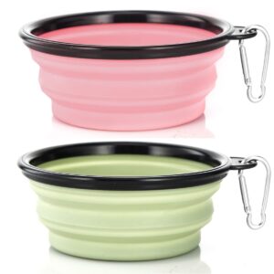 dog bowl pet collapsible bowls, 2 pack collapsible dog water bowls for cats dogs, portable pet feeding watering dish for walking parking traveling with 2 carabiners (small, fairy pink+sprout green)