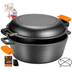 tlgreen cast iron dutch oven pot with lid,cast iron pot (5.1qt) and cast iron lid as a skillet(1.9qt) - dutch oven cast iron with silicone holders, iron stand, for oven, stove, grill，campfire