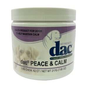 dac peace and calm soft chews- helps promote relaxation, reduce anxiety, stress, noise anxiety, and motion sickness with travel.