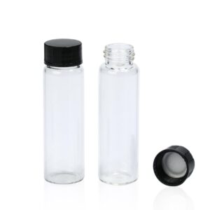 pekybio clear glass sample vial, liquid sampling sample glass bottle, 12 ml capacity, storage glass vial 19 mm.i.d.* 65 mm, 15-425 thread black closed top screw cap,pe liner, pack of 100