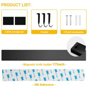 Black Magnetic Knife Strip for Refrigerator - Larger 17 inch Double Sided Stainless Steel Magnetic Kitchen Knife Holder with hooks for Wall/fridge - Strong Knife Strip Magnet/Knife Rack/Knife Bar