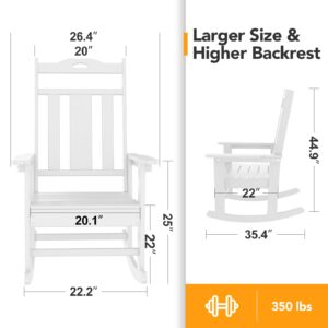 LOENIY HDPE Outdoor Rocking Chair Set of 2, All Weather Resistant Patio Rocker Chair with 350 lbs Heavy Duty, High Back Oversized Rocking Chair for Adult in Porch, Ergonomic Seat (White)