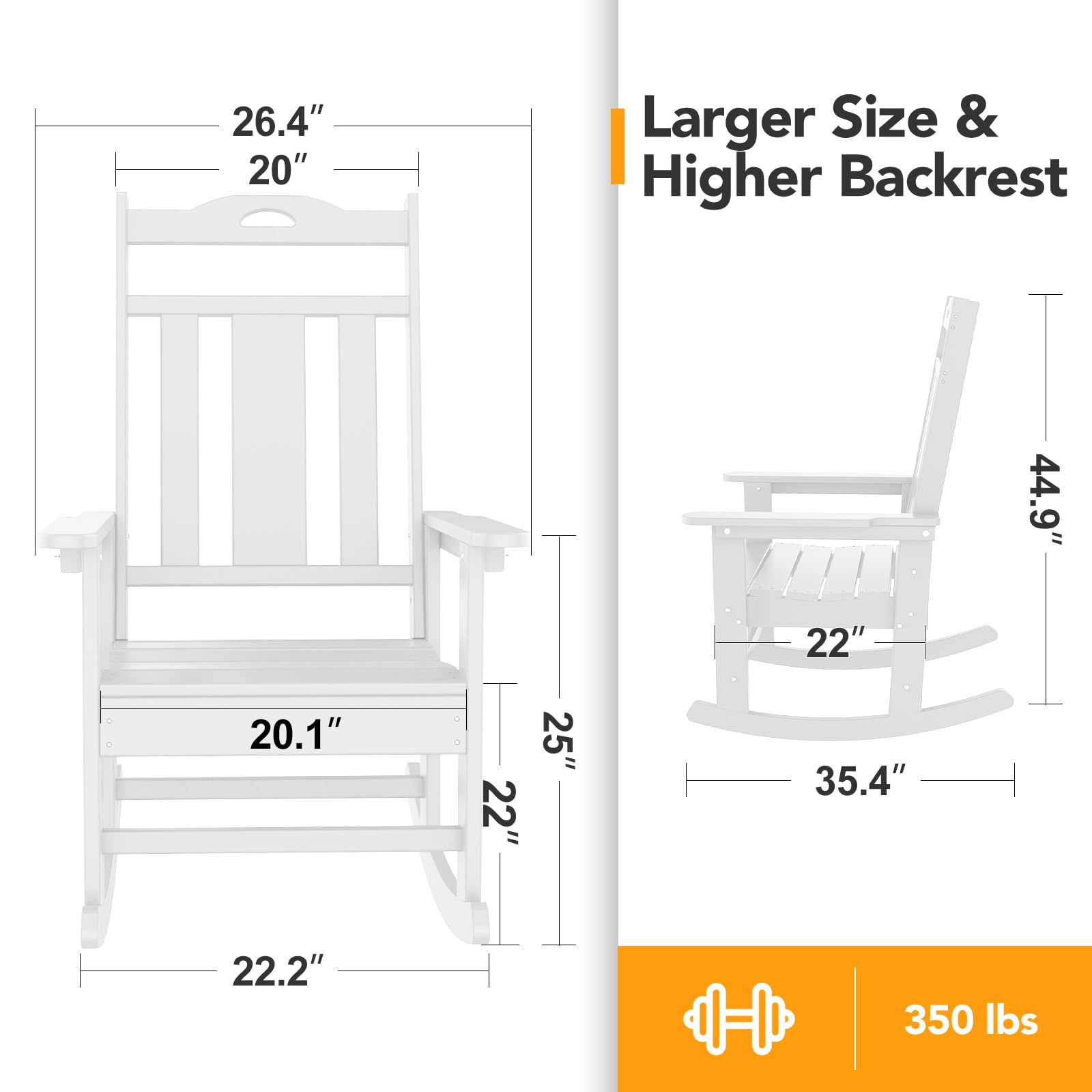 LOENIY HDPE Outdoor Rocking Chair Set of 2, All Weather Resistant Patio Rocker Chair with 350 lbs Heavy Duty, High Back Oversized Rocking Chair for Adult in Porch, Ergonomic Seat (White)