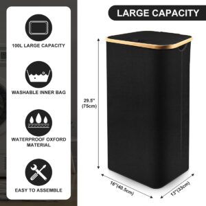 Large Laundry Basket with Lid - 100L Dirty Clothes Hampers for Laundry with Removable Laundry Bag and Bamboo Handles, Foldable Laundry Basket for Bedroom, Bathroom, Dorm, Laundry Room (Black)