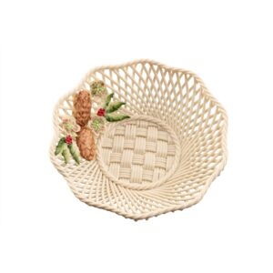 belleek wild irish hedgerow winter basket - boho room decor, decorative storage baskets, adorned with pinecones, holly, and christmas rose, 7”d x 1.5”h