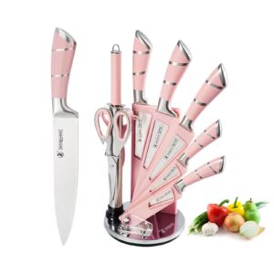 kitchen knife set, 9-piece pink kitchen knife set with acrylic block, non stick sharp high carbon stainless steel knife set for kitchen cutting meat slicing chopping kitchen gifts for women (pink)