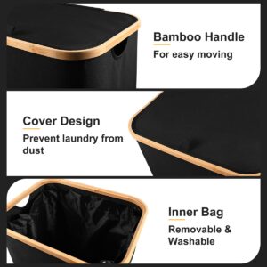 Large Laundry Basket with Lid - 100L Dirty Clothes Hampers for Laundry with Removable Laundry Bag and Bamboo Handles, Foldable Laundry Basket for Bedroom, Bathroom, Dorm, Laundry Room (Black)