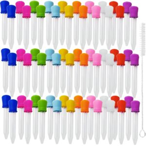 tihood 60pcs liquid droppers with a clean brush, 5ml silicone and plastic pipettes transfer eyedropper with bulb tip