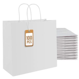 paicuike white kraft paper bags with handle, retail shopping bags bulk, gift bags large for lunch, takeaway, grocery, party and wedding 11×6×11" 100pcs