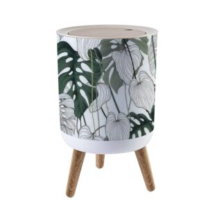 small trash can with lid for bathroom kitchen office diaper floral seamless green black white split leaf philodendron plant vines bedroom garbage trash bin dog proof waste basket cute decorative