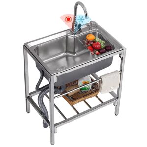 free standing utility sink single bowl stainless steel sink w/cold and hot water pipe faucet/storage shelve for outdoor garage commercial restaurant kitchen laundry room 26.7"x17.3"