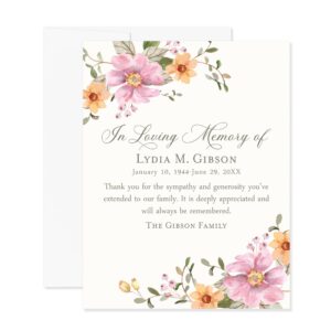 hello love goods soft pink and orange floral sympathy thank you cards, 4.25x5.5 flat personalized funeral thank you cards with envelopes