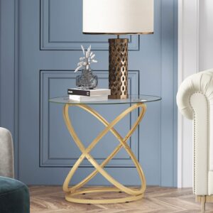 oiog gold end table, glass end table for living room, round side table with storage, modern accent table for small space, nightstand for bedroom