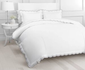 double scalloped percale weave embroidered full and queen size white duvet set 300 thread count 100% cotton - cool crisp - luxury hotel bedsheet - oeko tex certified deep pocket - gray piping on edges