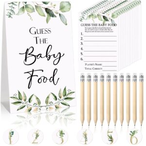 67 pcs guess the baby food game greenery baby shower games set 1 standing sign 50 answer cards 10 pencils 6 number stickers for gender reveal party decoration supplies