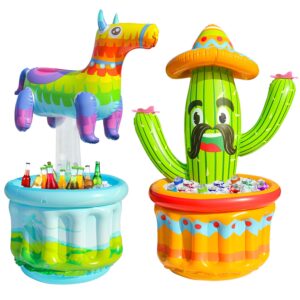 parentswell 2 pack inflatable cactus cooler, 47.5'' blow up pool party drink cooler ice bucket with sombrero hat, mexican fiesta party decorations supplies for cinco de mayo party decor