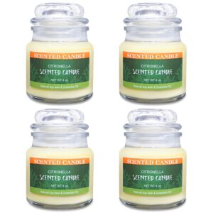 citronella candles 4-pack, 4oz yellow soy wax with lemongrass essential oil - scented glass jar candles for outdoor and indoor use