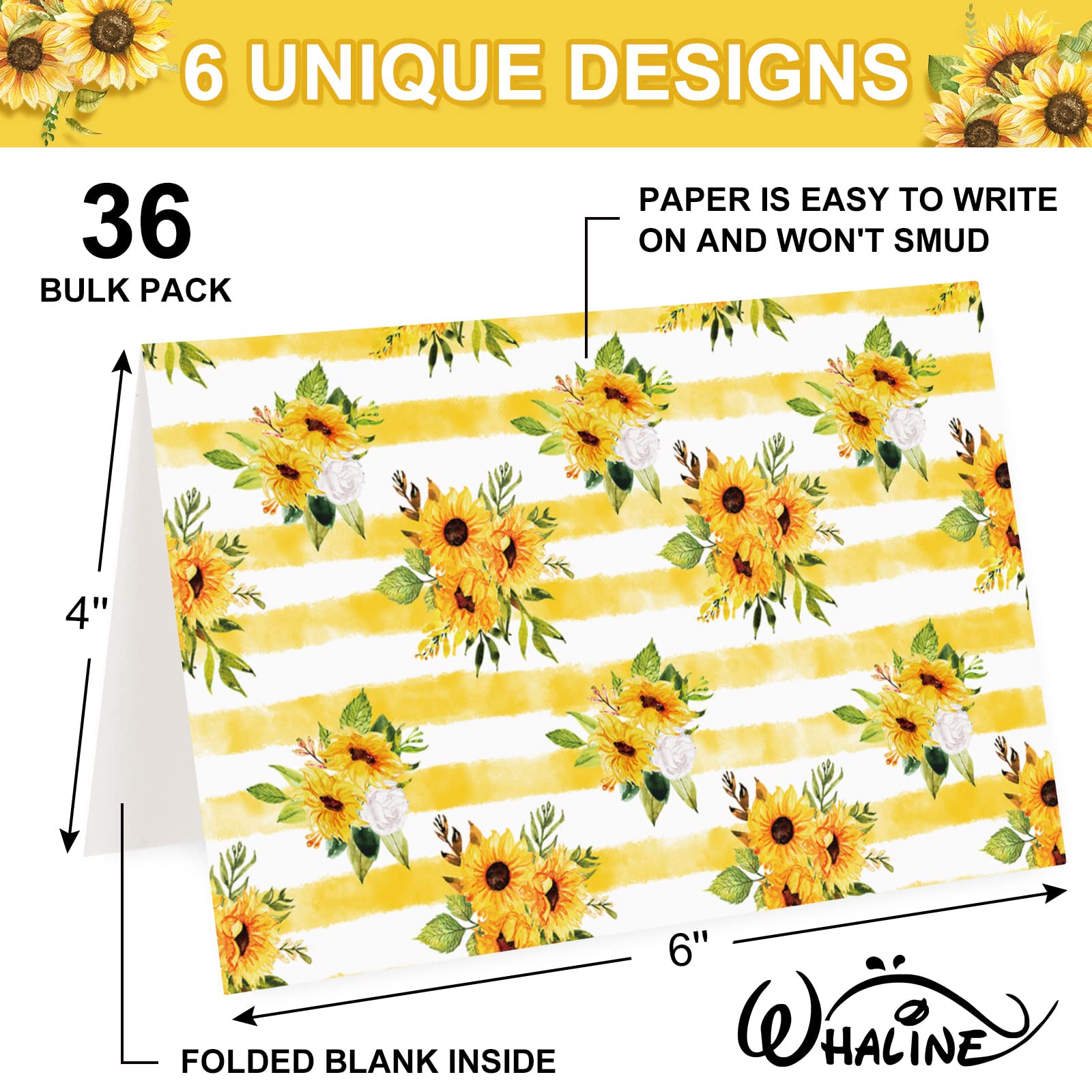 Whaline 36 Pack Sunflower Greeting Cards Bulk Spring Summer Flower Note Cards with Envelopes Matching Seal Stickers Floral Blank Cards for Wedding Bridal Baby Shower Birthday Party